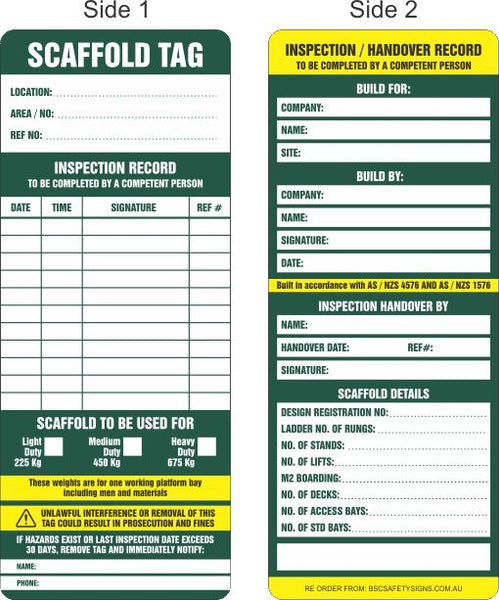 Scaffold Inspection/Handover Record Plastic Tag – BSC Safety Signs ...